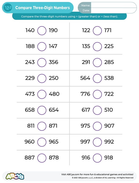Compare Three Digit Numbers ABCya 